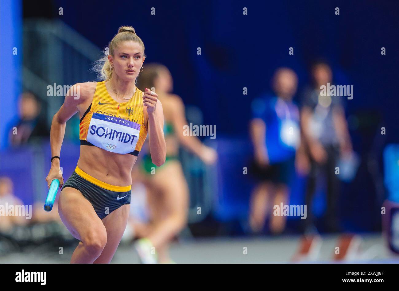 Alica Schmidt participating in the 4X400 meters relay at the Paris 2024 ...