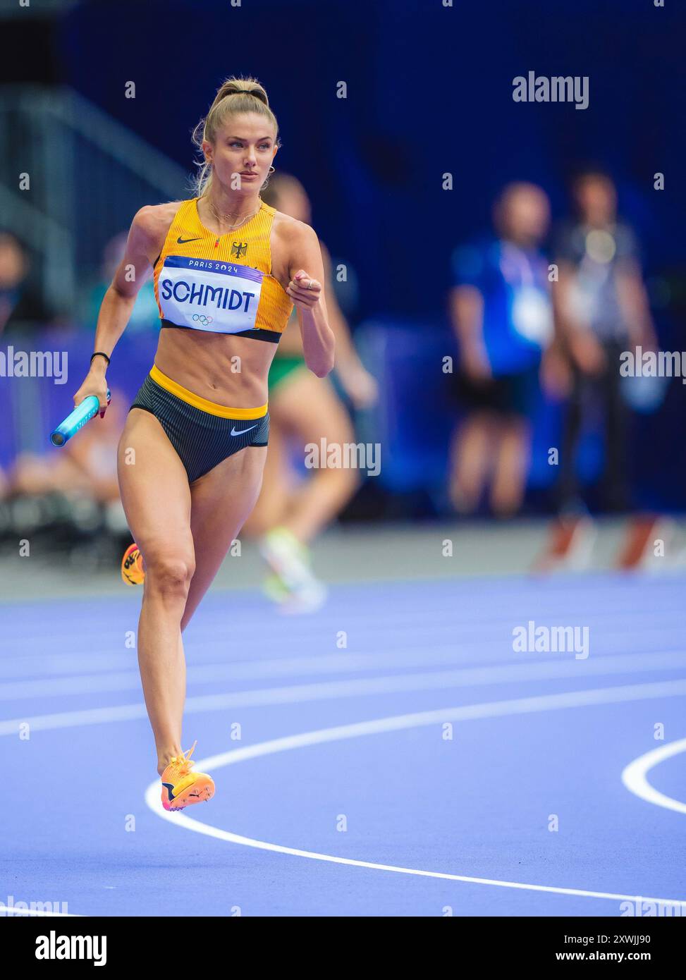 Alica Schmidt participating in the 4X400 meters relay at the Paris 2024 ...
