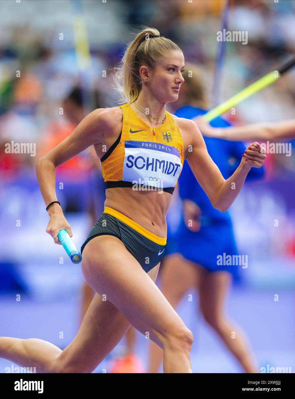 Alica Schmidt participating in the 4X400 meters relay at the Paris 2024 ...