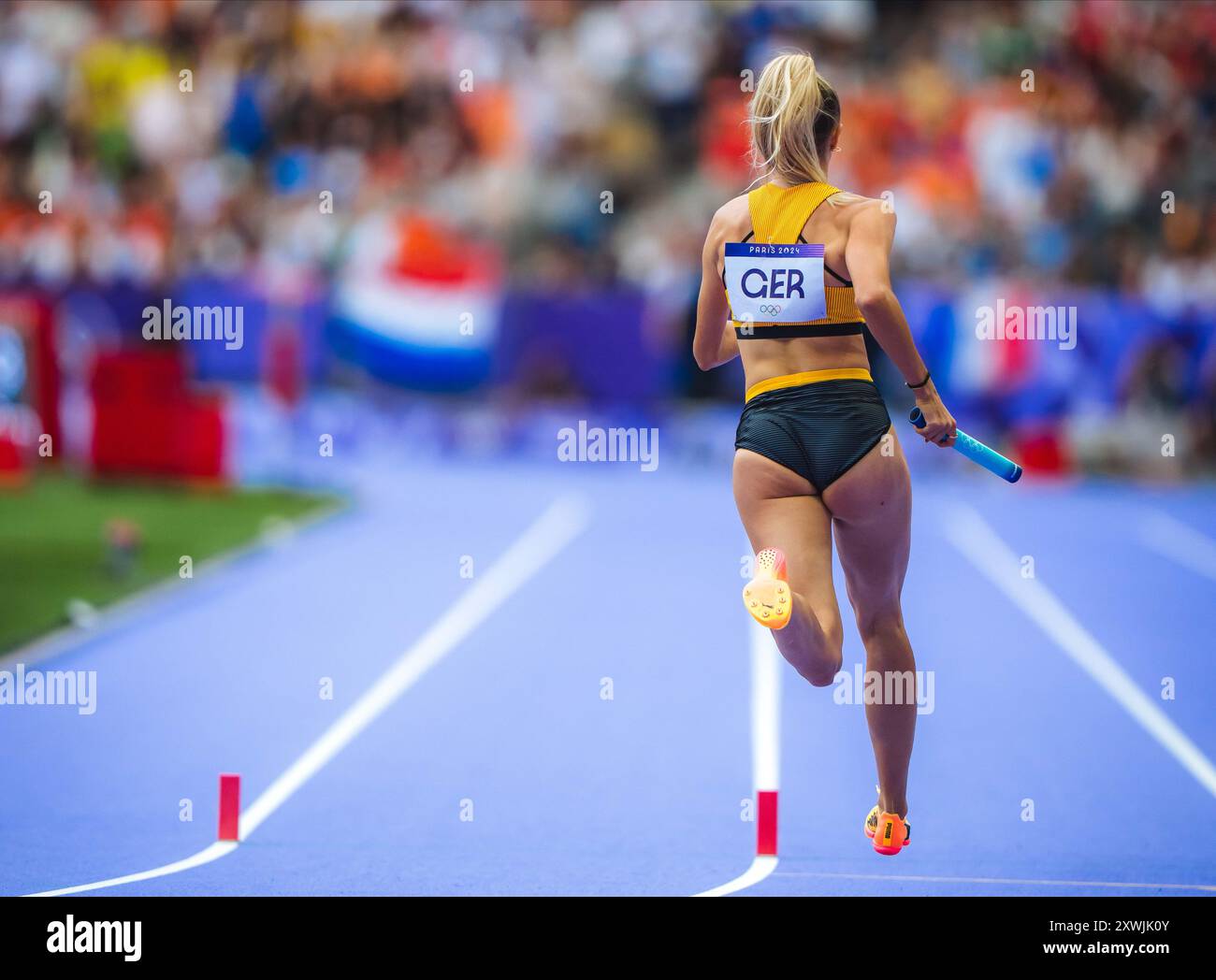 Alica Schmidt participating in the 4X400 meters relay at the Paris 2024 ...