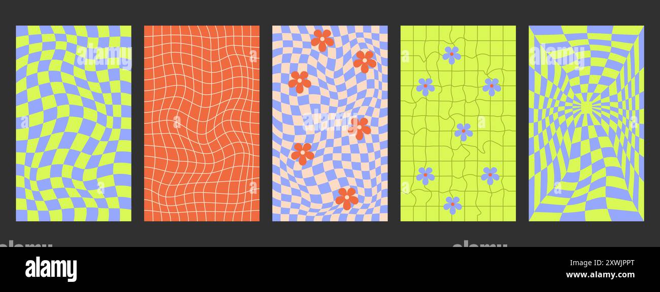 Set of groovy psychedelic chessboard and twisted pattern in trendy ...