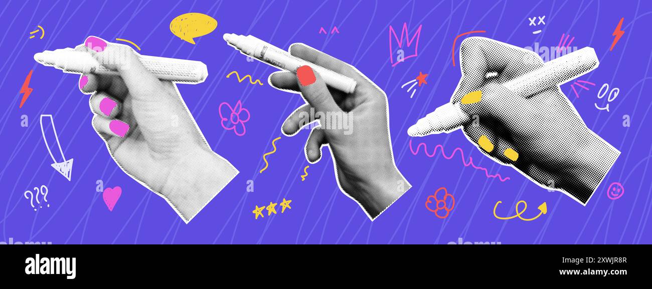 Collage hands with marker and doodle elements. Trendy halftone style ...