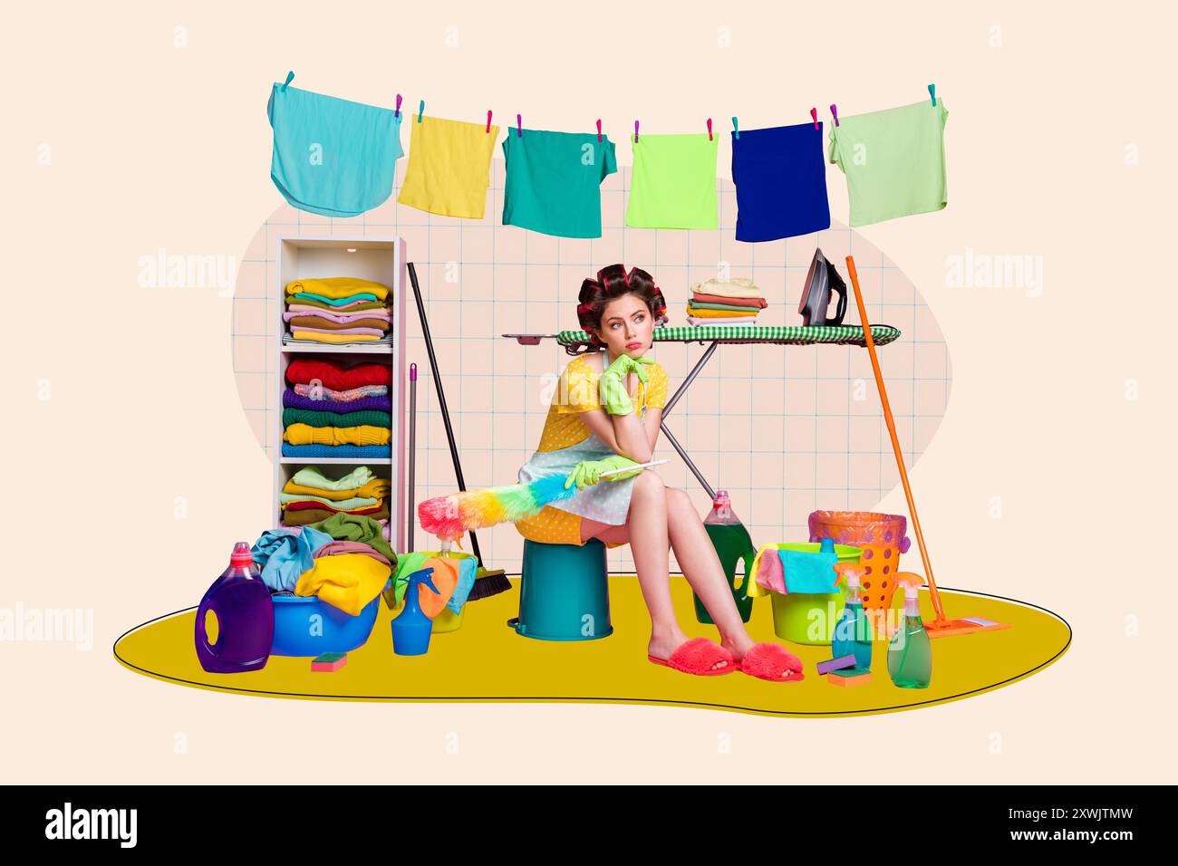 Composite trend artwork 3D sketch photo collage of housewife young lady ...