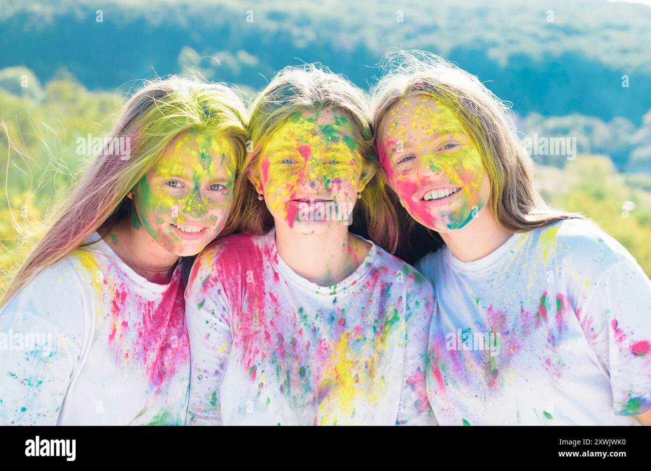 Teenager friends with dry colors. Teenage school friends having fun ...