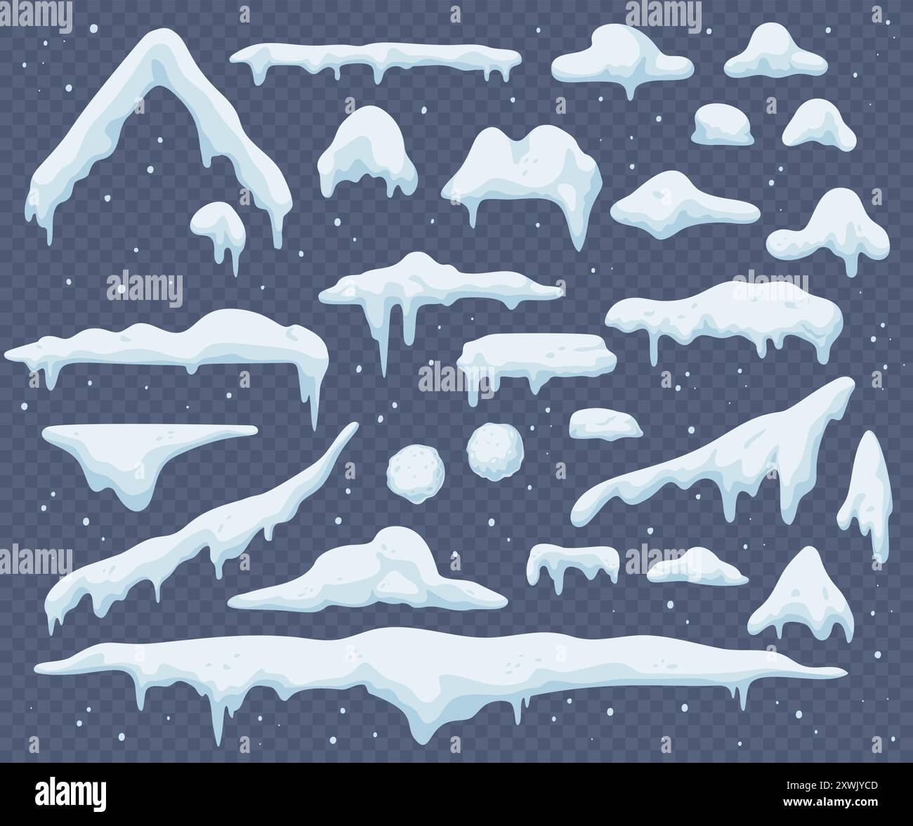 Cartoon Christmas snow and ice decorations of winter snowflakes and ...