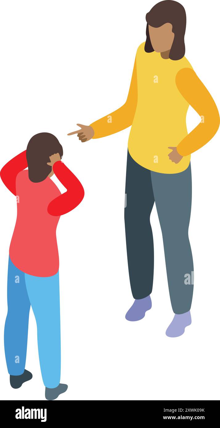 Woman is scolding a child who is covering their ears in an isometric ...