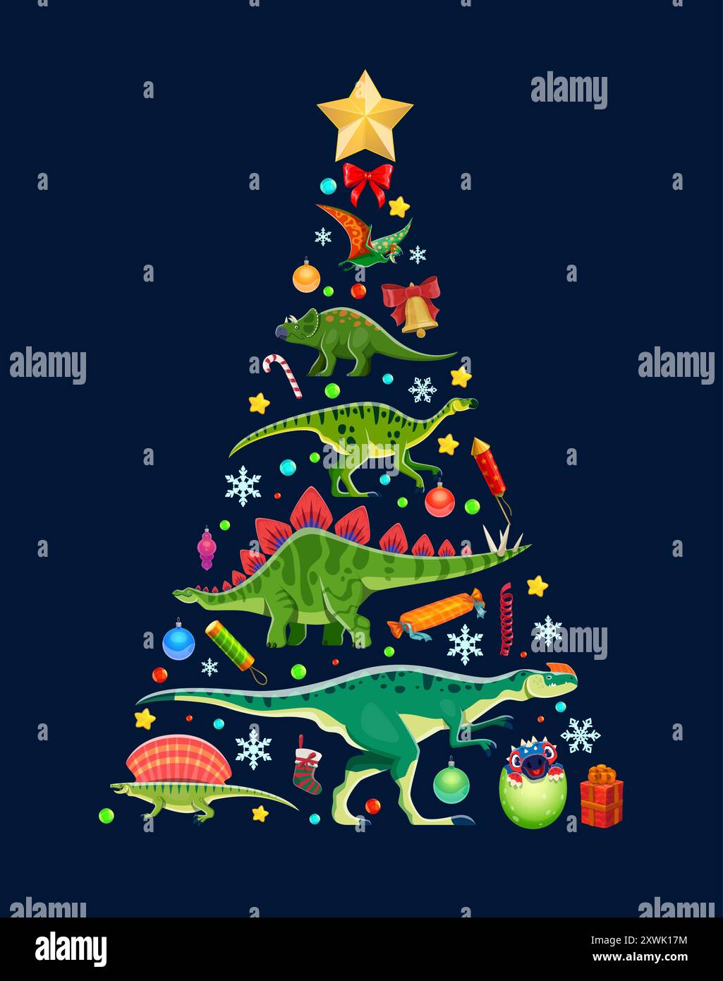 Christmas dinosaurs tree decorated with cartoon dino species, ornaments ...