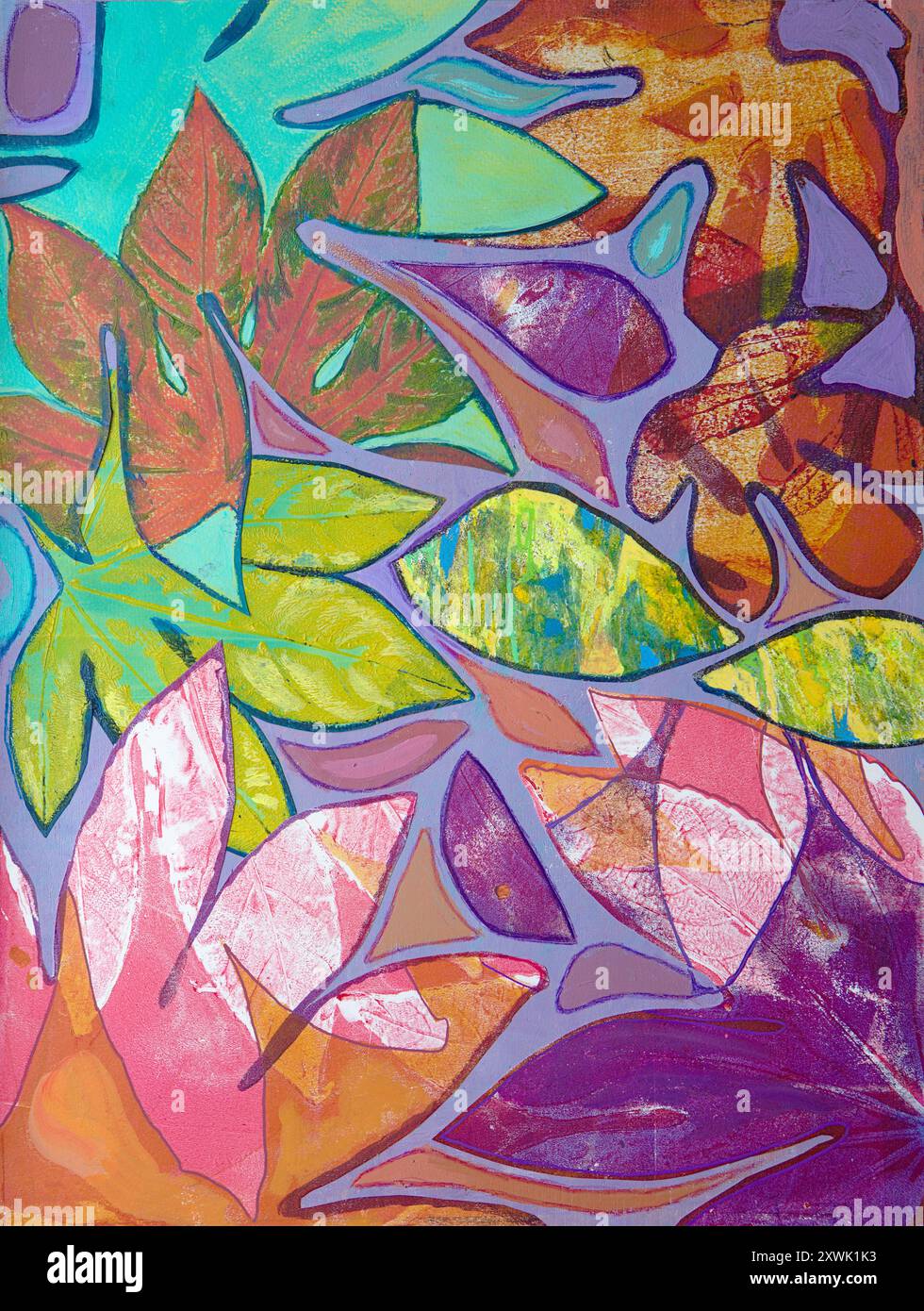 mixed media abstract painting of overlapping colourful leaves Stock ...
