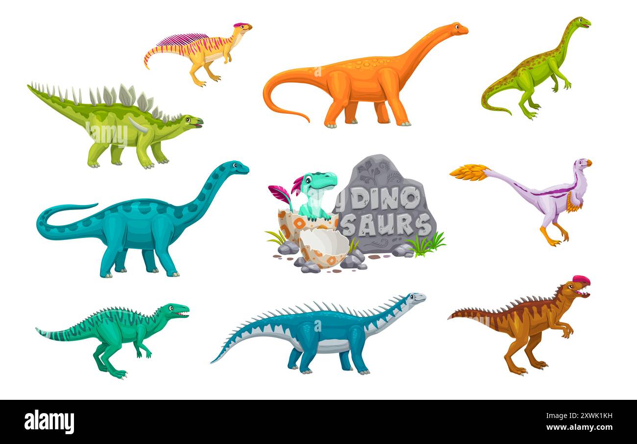 Cartoon dinosaur characters and cute baby dino in egg, vector funny ...