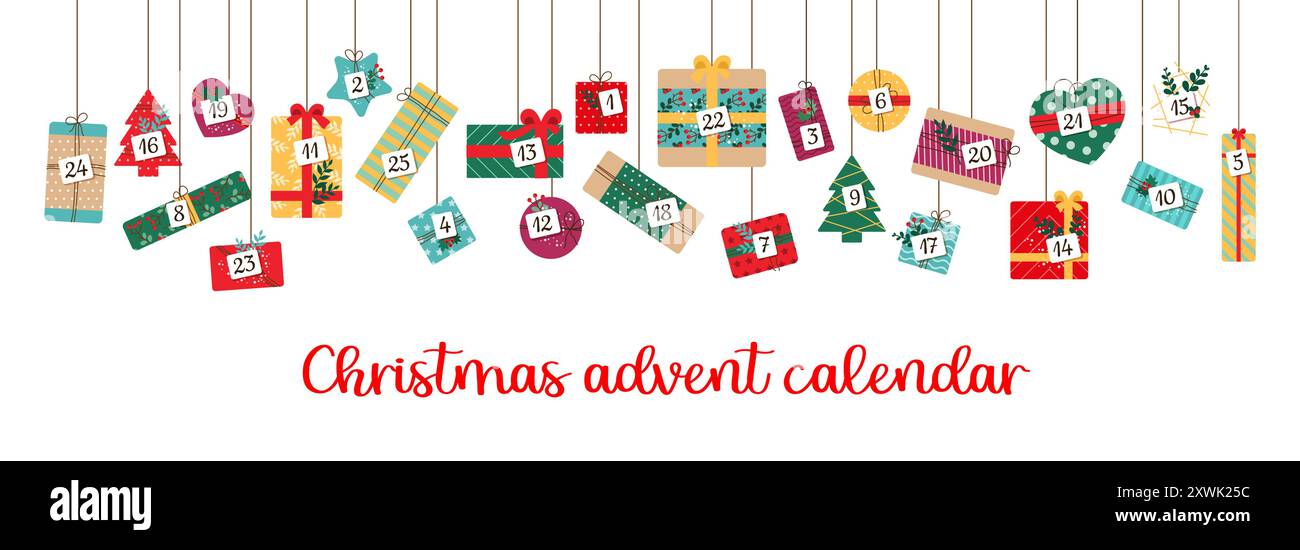 Christmas advent calendar gift boxes, holiday garland. Vector countdown ...