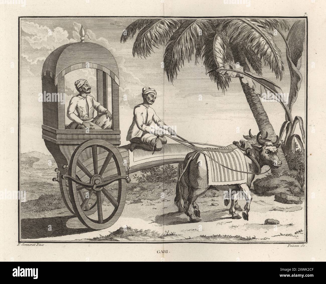 An Indian nobleman seated on a gari, a two-wheel, ox-drawn carriage ...