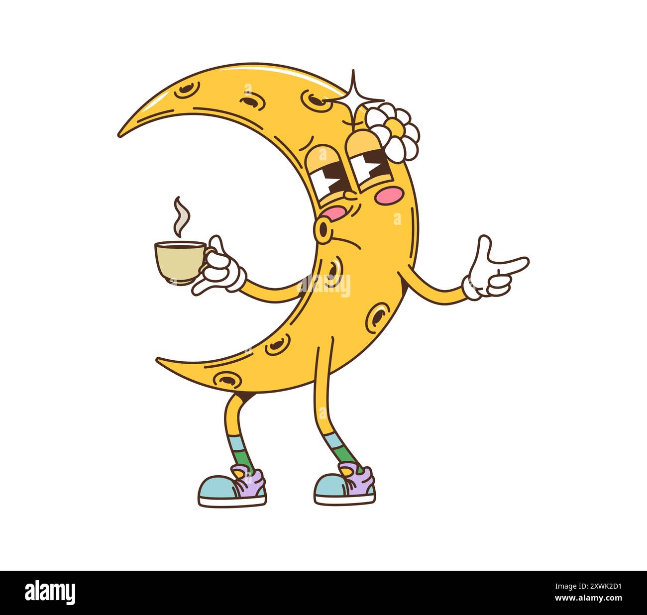 Cartoon groovy moon character with happy funky face, vector retro space ...