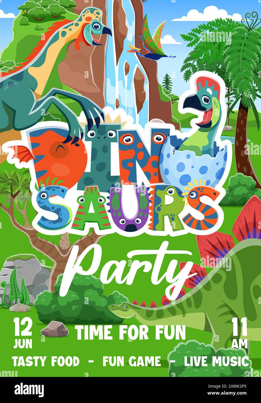 Cartoon prehistoric dinosaurs, kids party flyer with funny dino ...