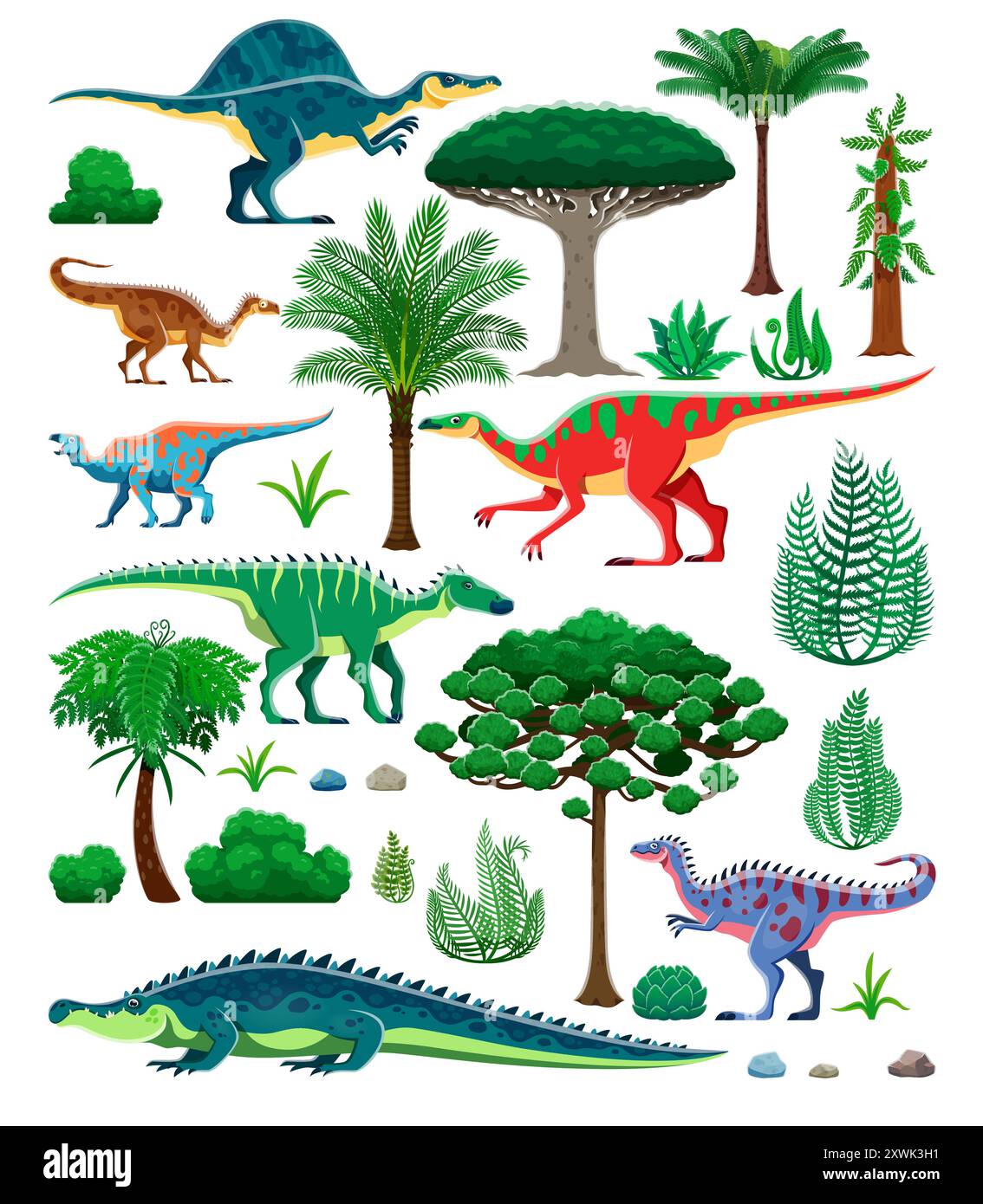 Prehistoric Jurassic era dinosaurs, trees and plants, vector cartoon ...