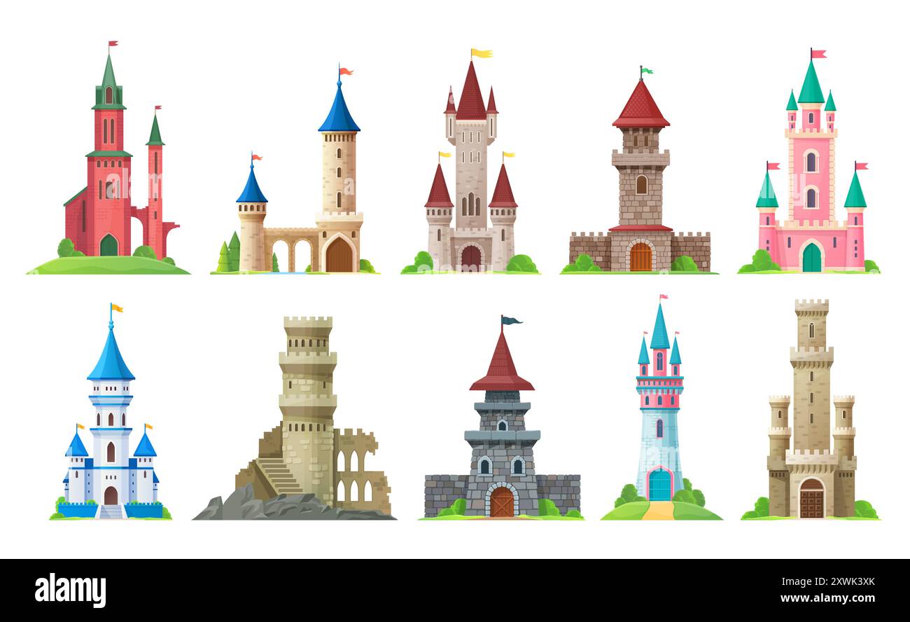 Cartoon castle, kingdom palace and fairytale fortress set with towers ...