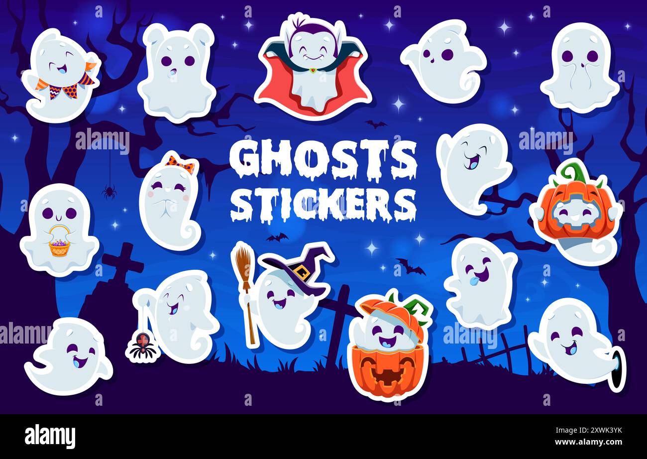 Cute Halloween kawaii ghost stickers of funny boo for horror night ...