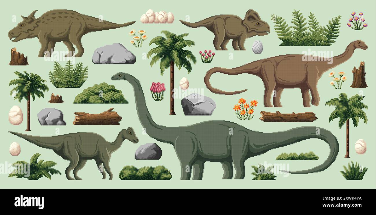 8 bit pixel art prehistoric dinosaurs, game asset. Vector set of dino ...