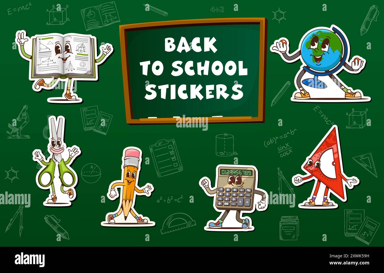 Stickers pack of school education characters. Vector funny educational ...