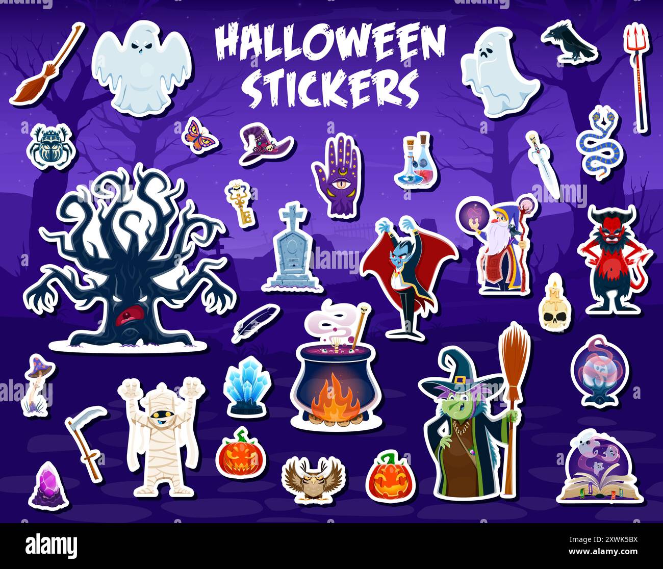 Cartoon Halloween characters stickers of funny monsters for horror ...