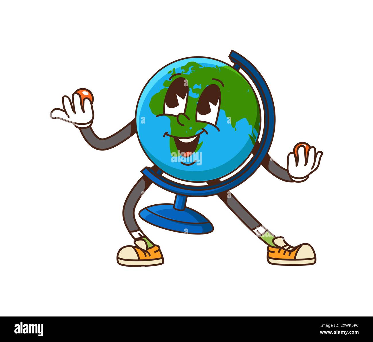 Cartoon groovy school globe character juggling. Isolated vector earth ...