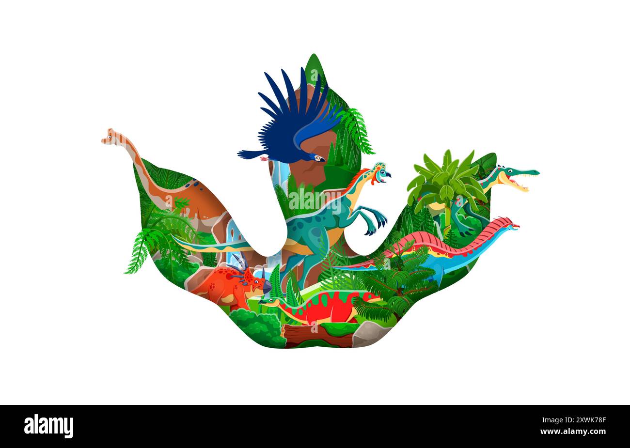 Prehistoric dinosaur footprint paper cut banner with cartoon dino ...