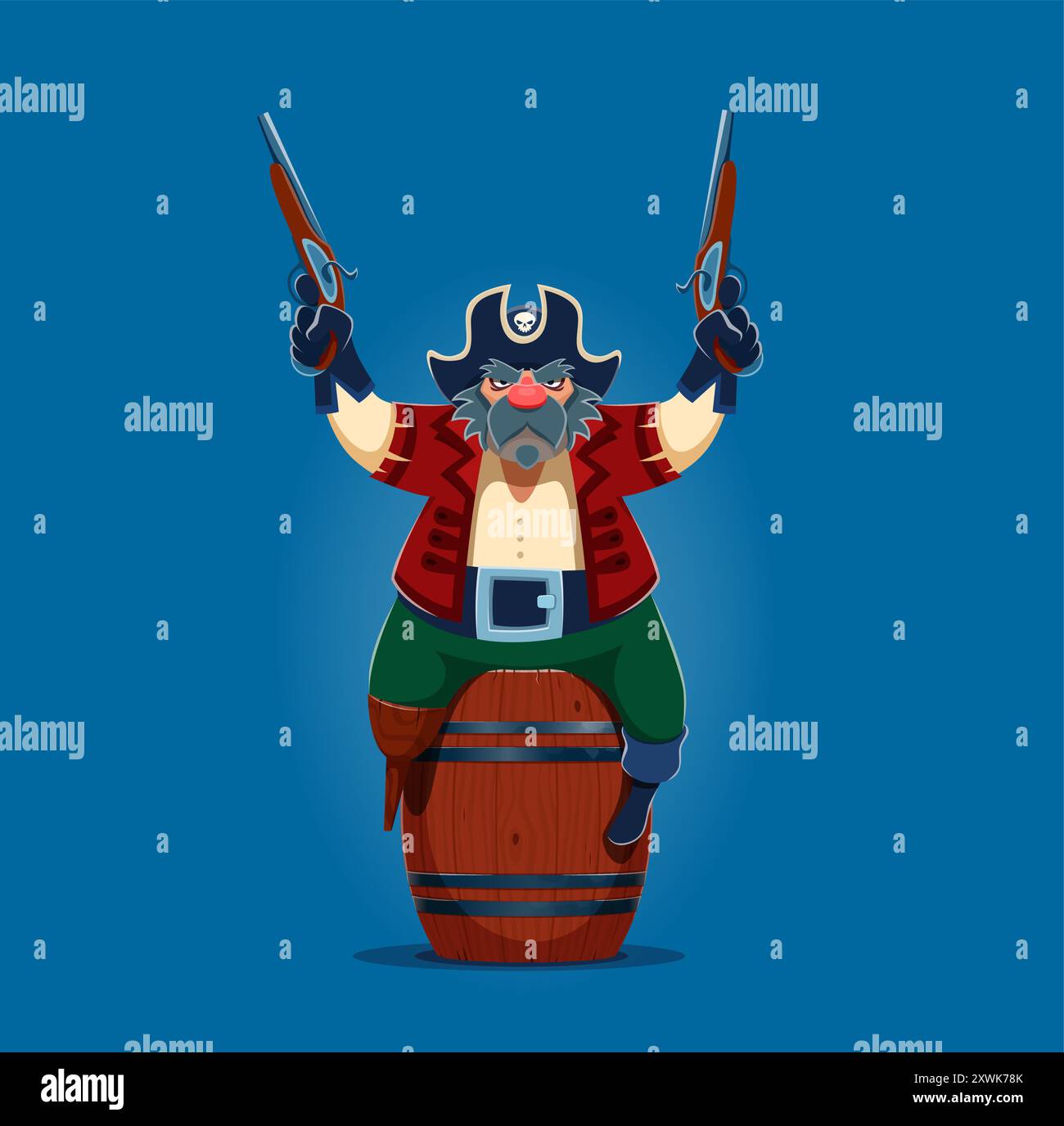 Cartoon old pirate or corsair character on barrel with musket guns, vector sailor personage ...