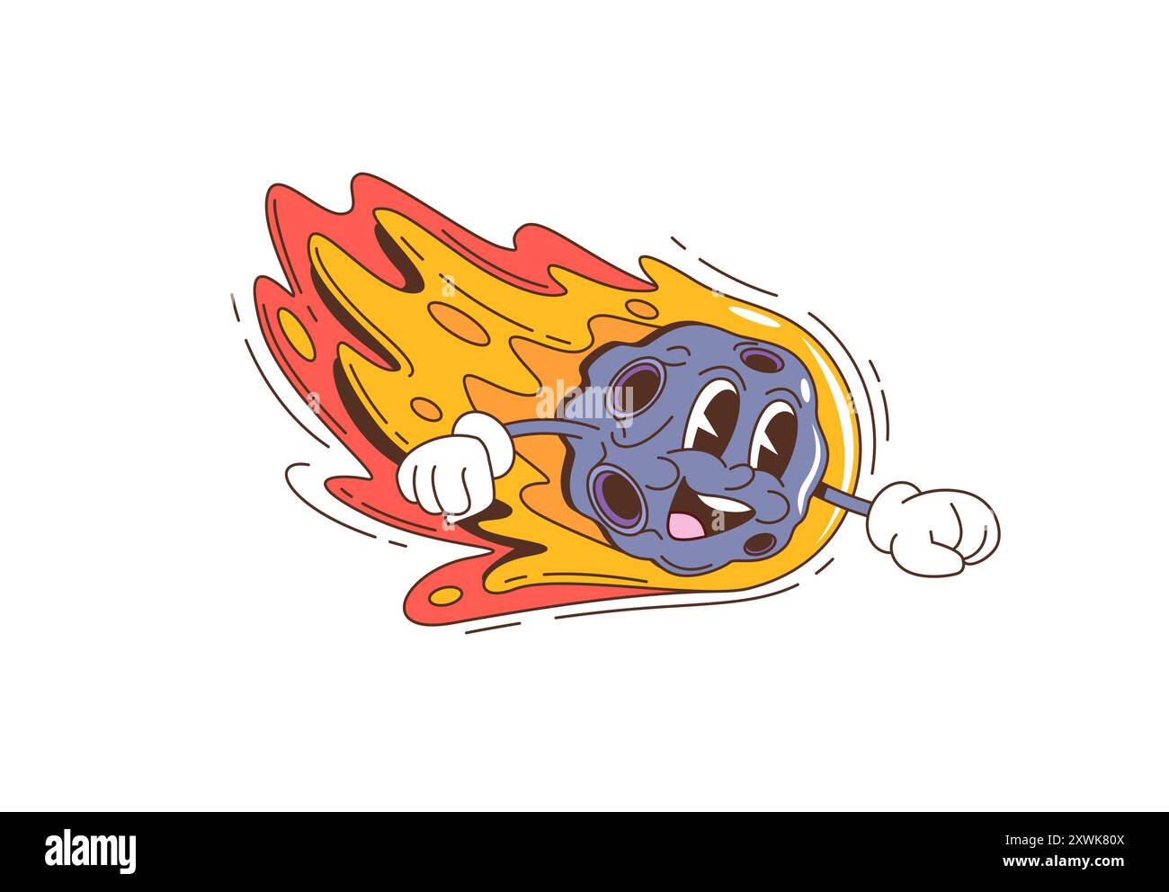 Retro groovy asteroid or comet cartoon character with funky funny face ...