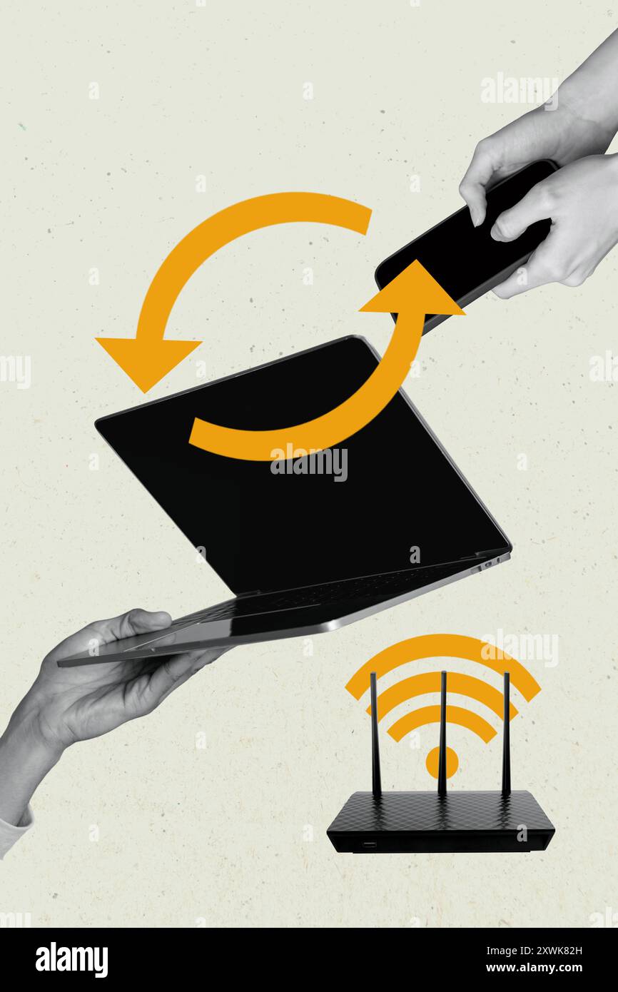 Vertical collage picture laptop digital devices router wifi signal ...