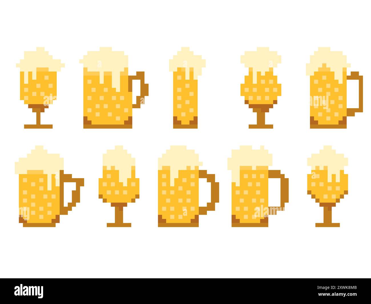 Set of beer glasses in pixel style isolated on white background. 8 bit ...