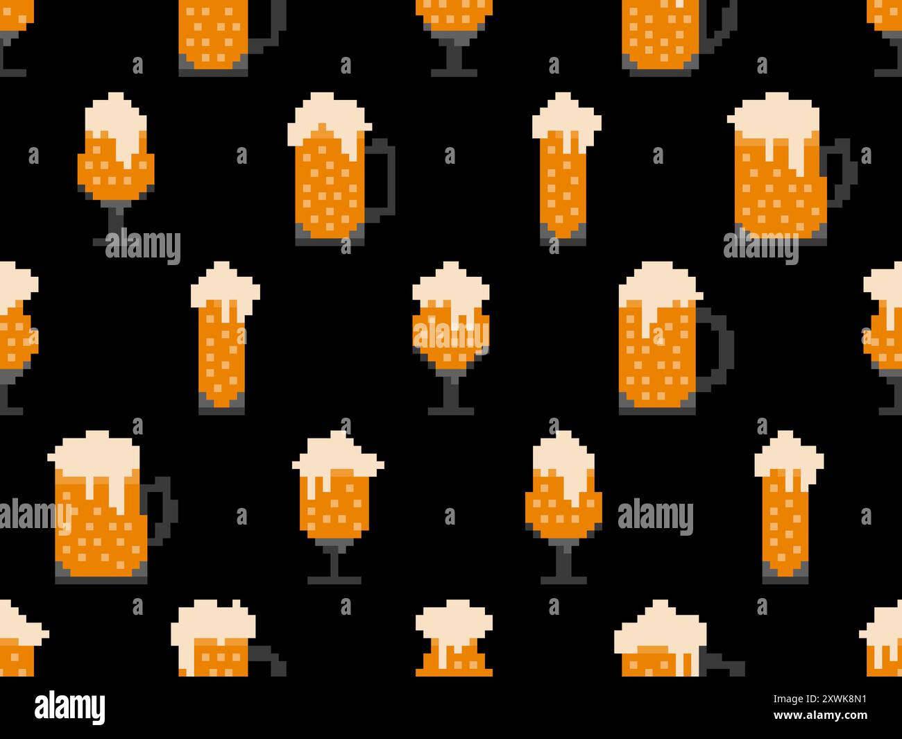 Seamless pattern with beer glasses in pixel style. 8 bit beer mug with ...