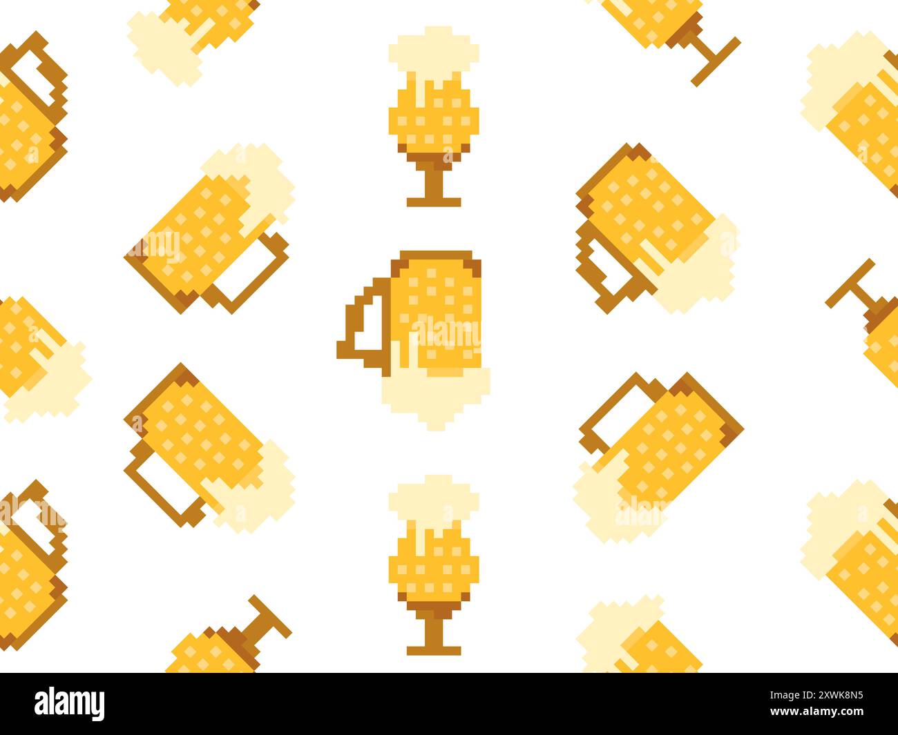 Seamless pattern with beer glasses in pixel style. 8 bit beer mug with ...