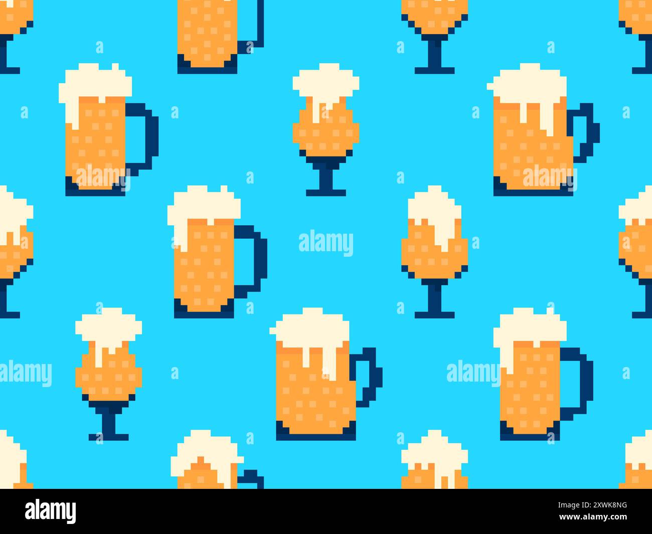 Seamless pattern with beer glasses in pixel style. 8 bit beer mug with ...