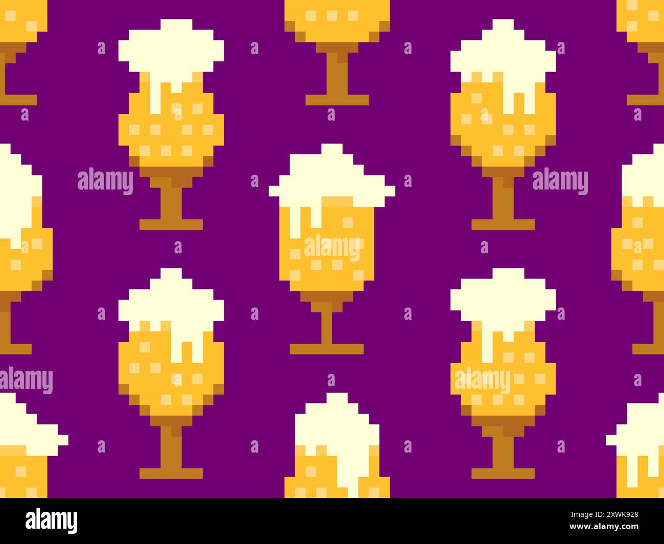 Seamless pattern with beer glasses in pixel style. 8 bit beer mug with ...