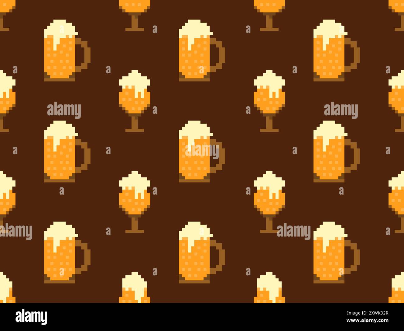 Seamless pattern with beer glasses in pixel style. 8 bit beer mug with ...
