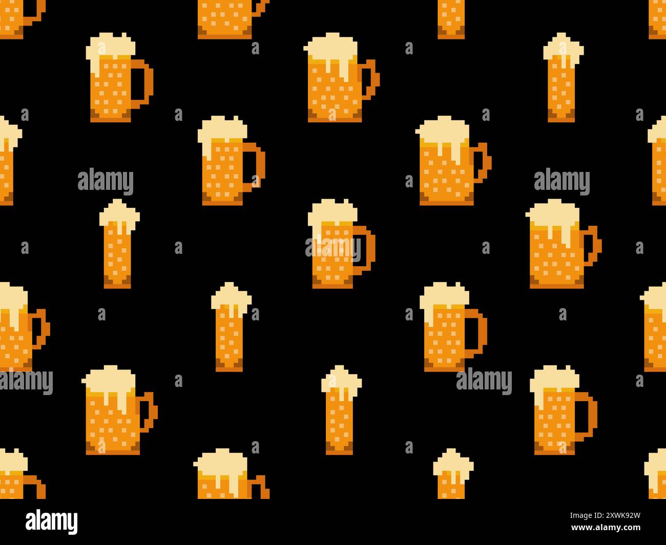 Seamless pattern with beer glasses in pixel style. 8 bit beer mug with ...
