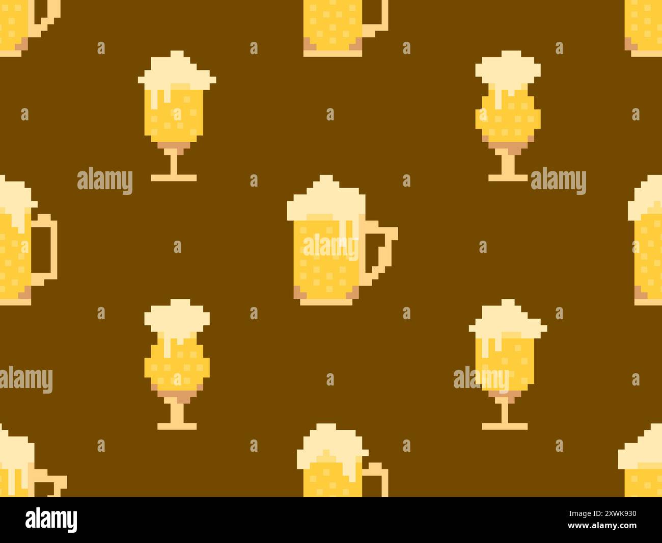 Seamless pattern with beer glasses in pixel style. 8 bit beer mug with ...