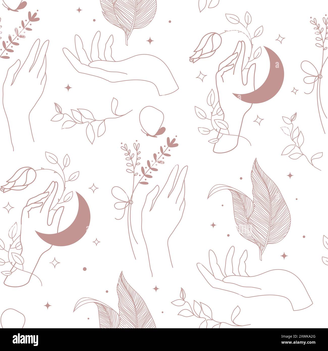 Vector celestial seamless pattern, hands, moon and plants line mystic background. Witch ...