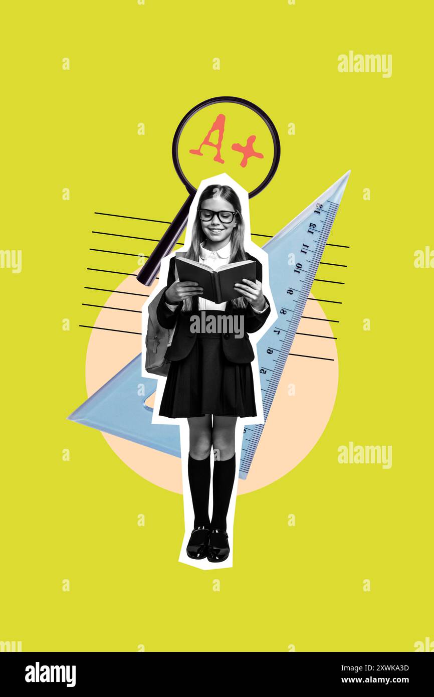 Vertical photo collage of happy nerd schoolgirl hold diary receive ...