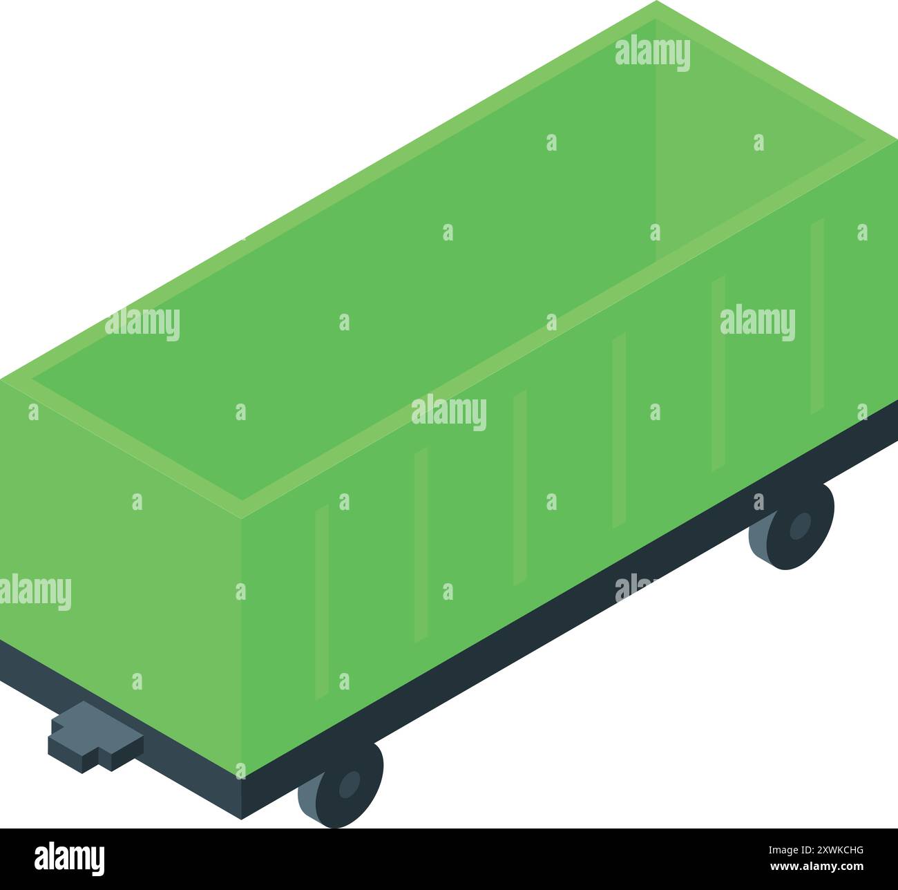 Green train wagon standing on rails isolated on white background ...