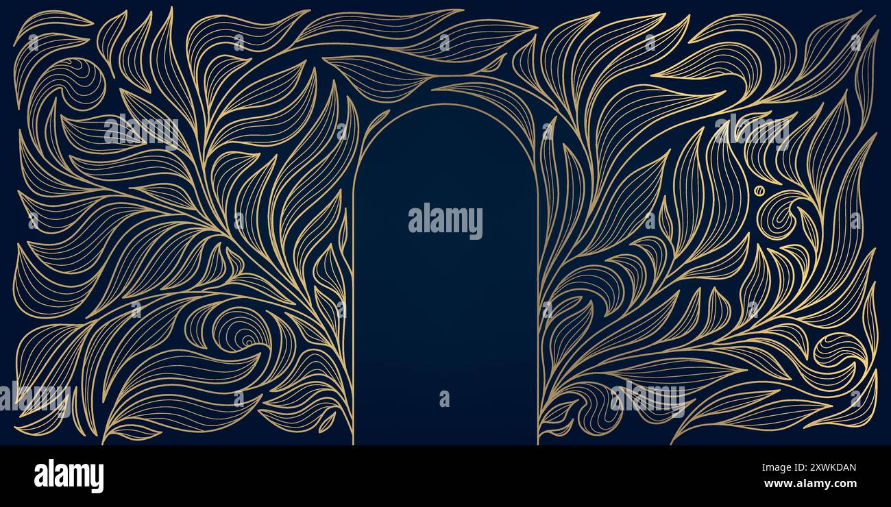 Vector arch and leaves art deco texture, line nouveau luxury ...