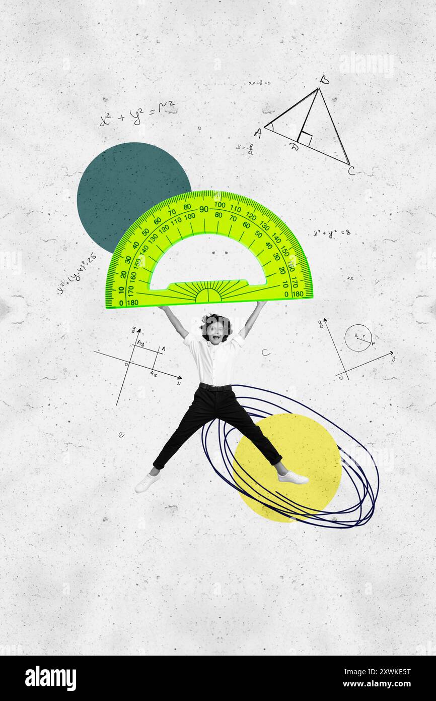 Vertical photo collage of happy teenage schoolboy hold ruler school ...