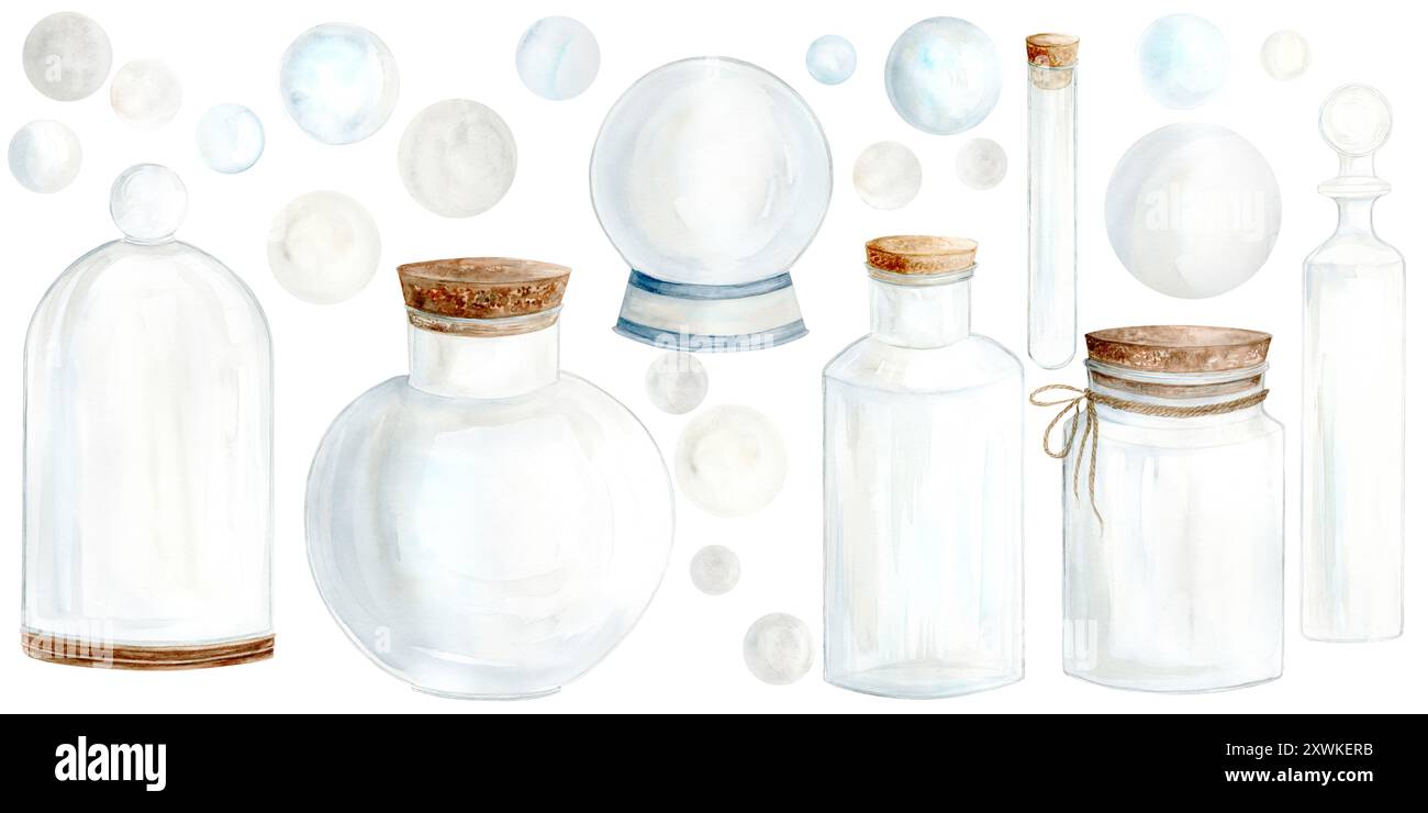 Glass empty Bottles, cap, balloon and test tubes. Watercolor ...