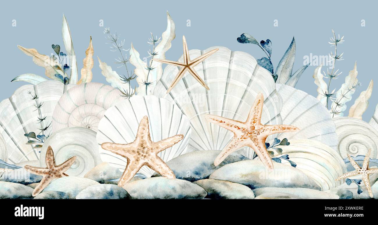 Seamless border of beige sea shells, seaweed, starfish and pebbles ...