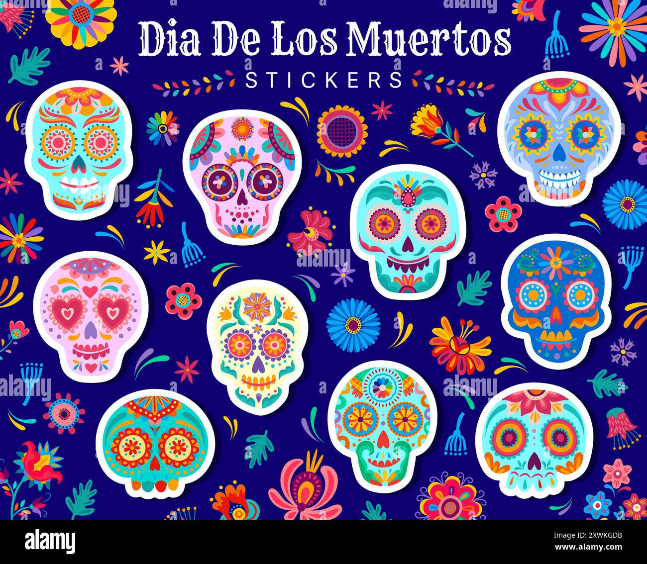 Mexican Day of the Dead calavera sugar skull stickers, vector icons ...