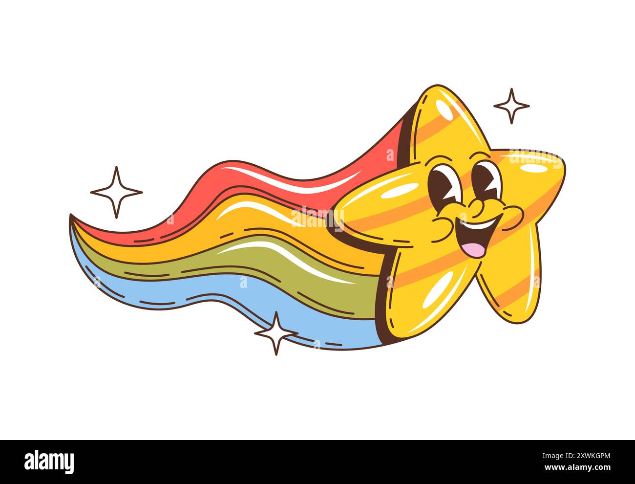 Retro groovy space star character with rainbow tail flying in space ...