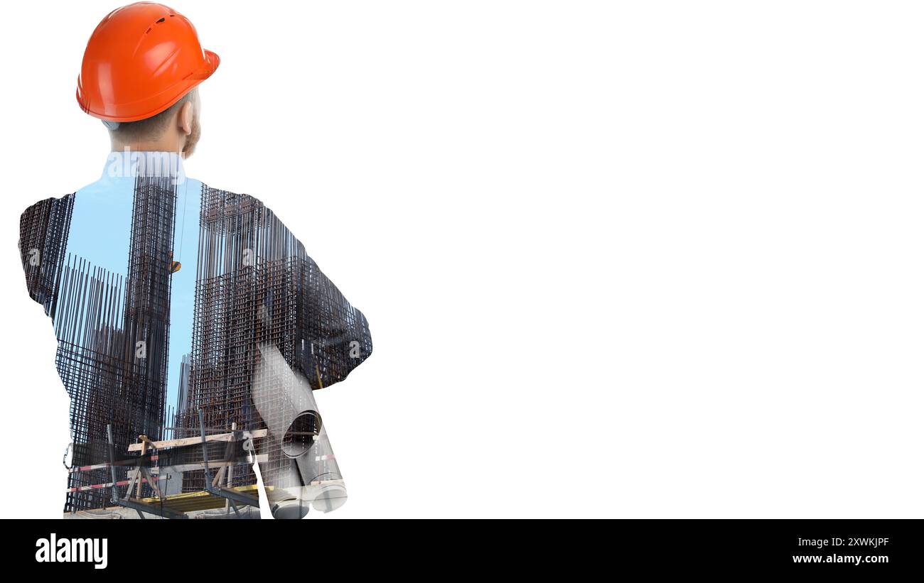 Engineer and unfinished building on white background, double exposure ...