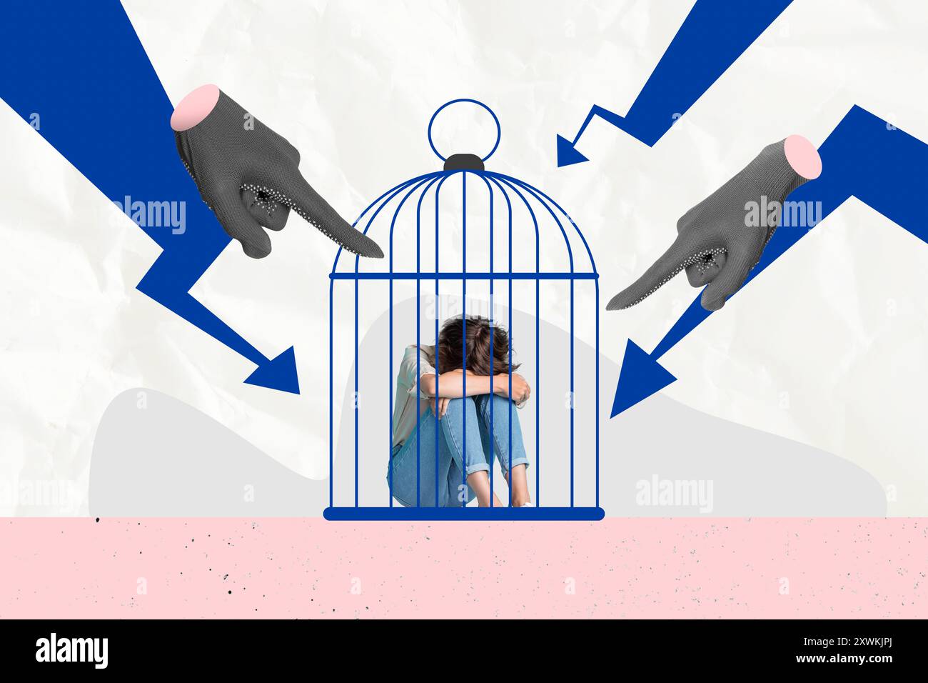 Creative collage picture young crying girl sit birdcage slavery mocking ...