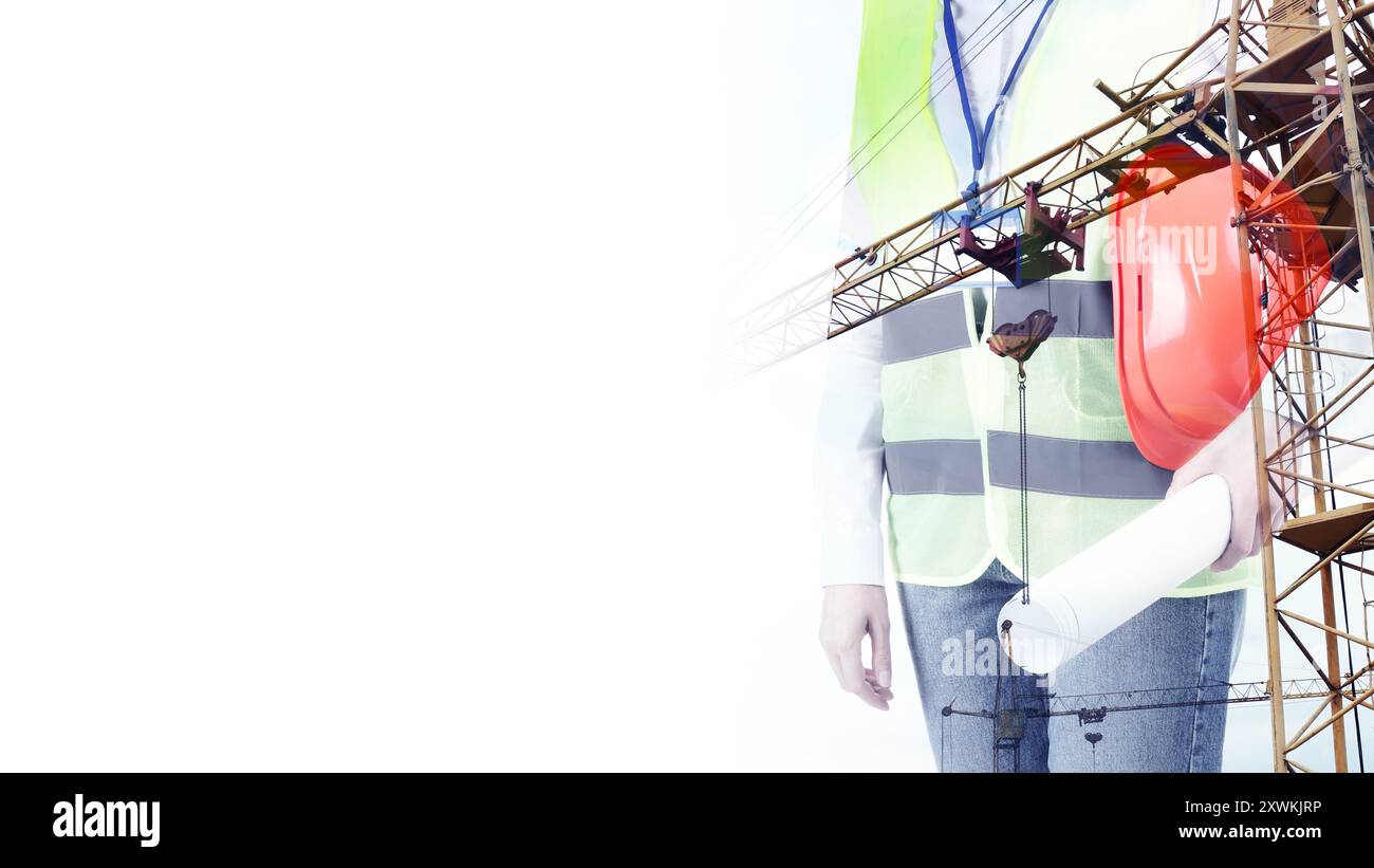 Engineer and tower crane on white background, double exposure. Banner ...