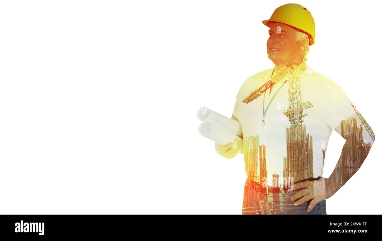 Engineer and unfinished building on white background, double exposure ...