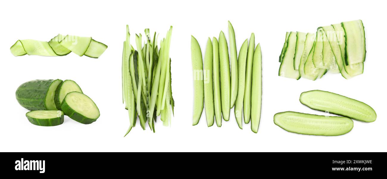 Fresh cucumbers isolated on white, collage. Different types of cuts ...